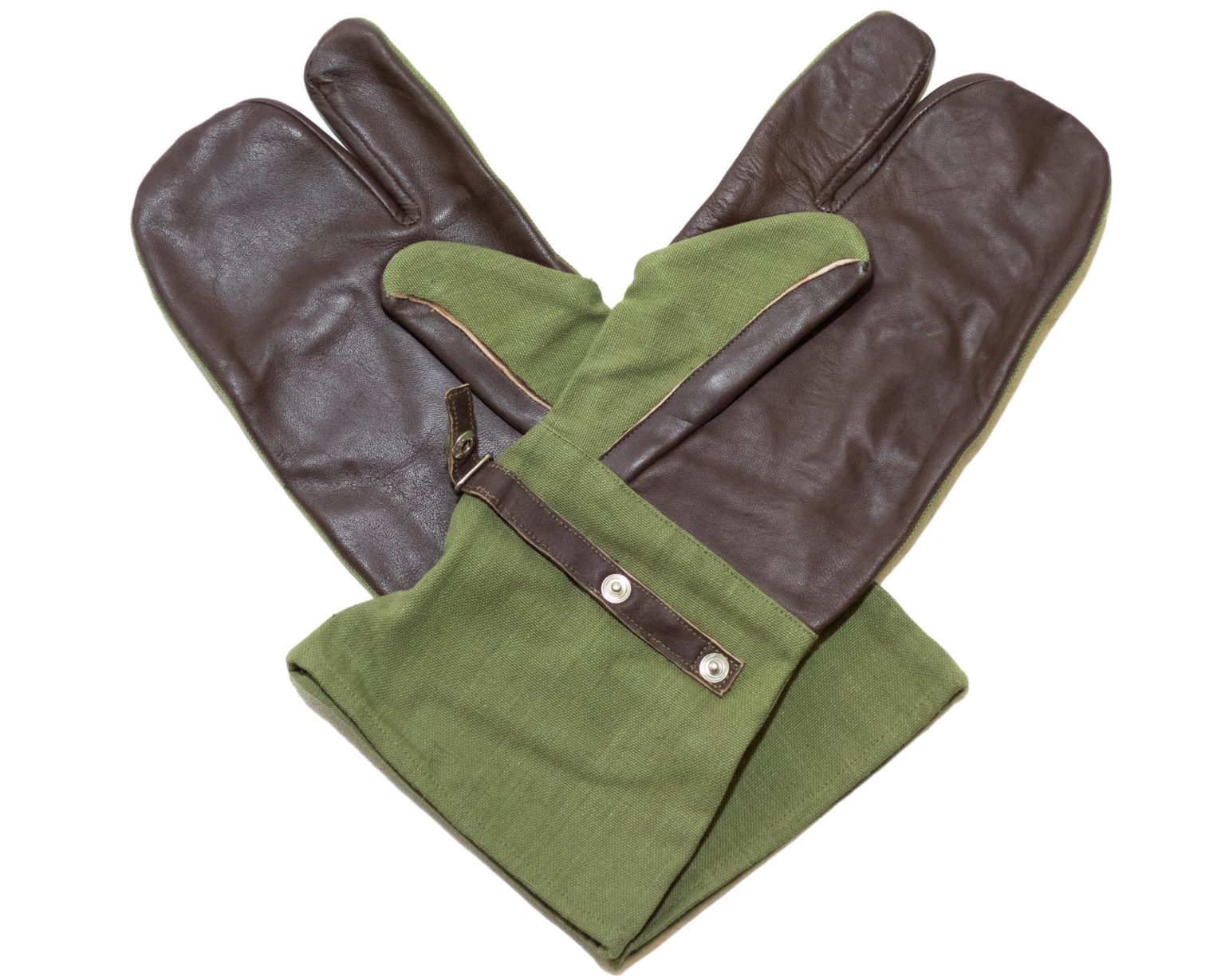 Vintage French army surplus canvas leather 3 finger mitts gloves ...